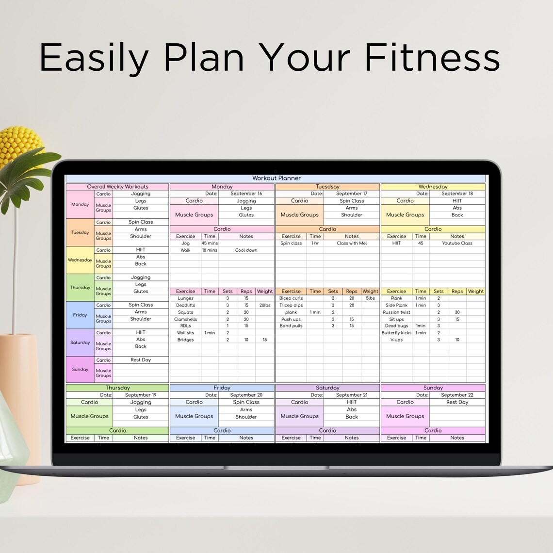 Workout Planner Google Sheets, Weekly Workout Planner, Exercise Tracker ...