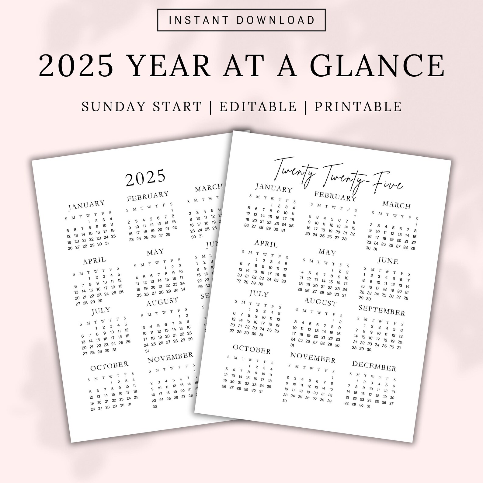 2025 Year at a Glance Calendar, Printable Calendar, Digital Yearly ...