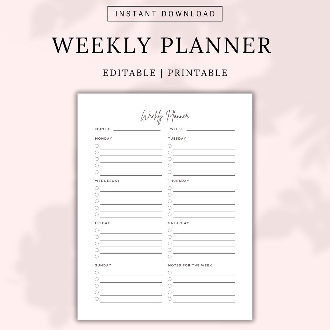 Weekly Checklist Printable, Weekly Planner Printable, Printable Weekly ...