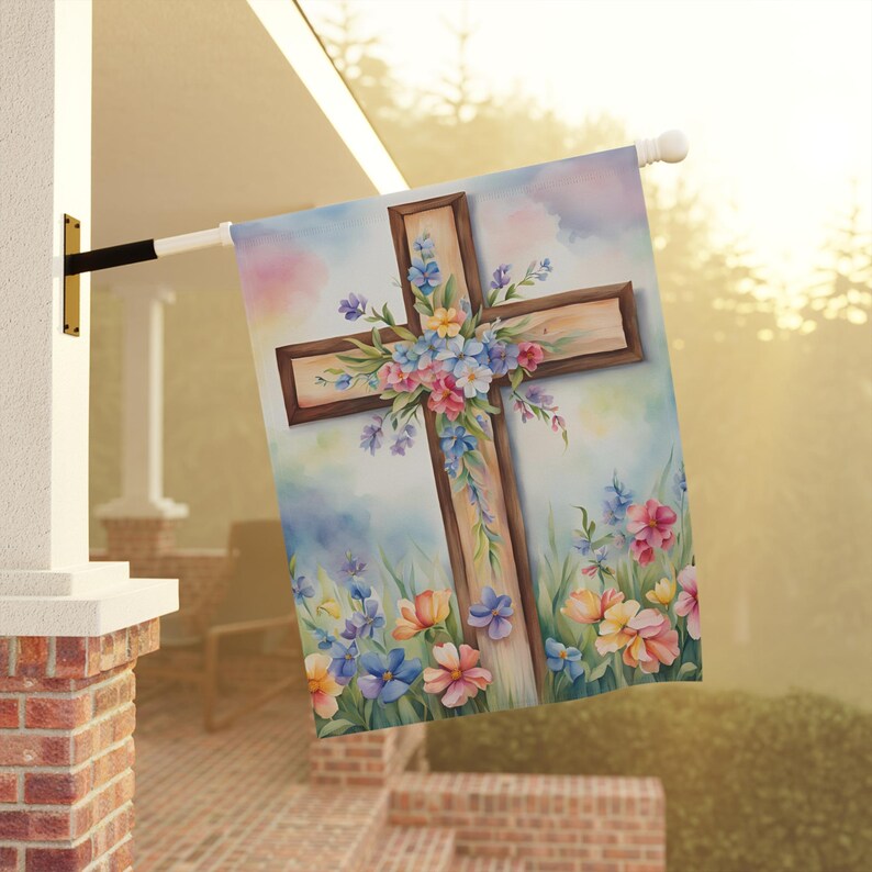 Easter Cross He is Risen Easter House Flag Banner Vintage Garden Flag ...