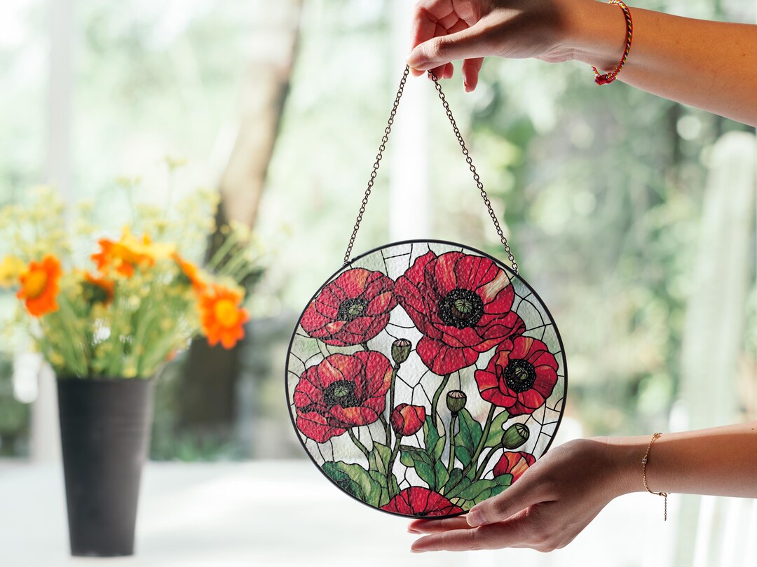 Poppy Flower GLASS Suncatcher, Red Poppy Suncatcher, Home Decor, Office ...