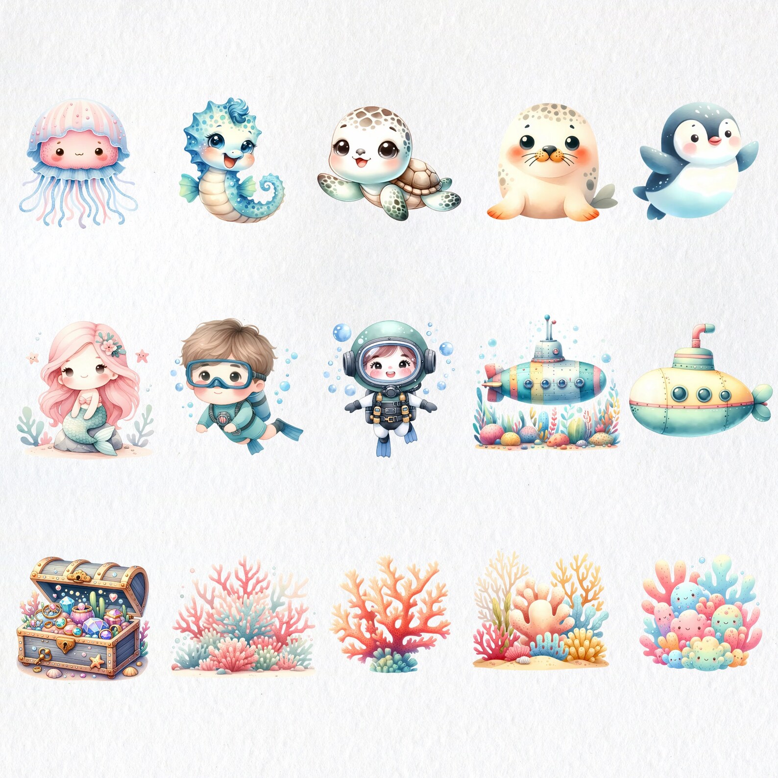 Undersea Watercolor Clipart, Under the Sea Baby Shower, Sea Animals PNG ...