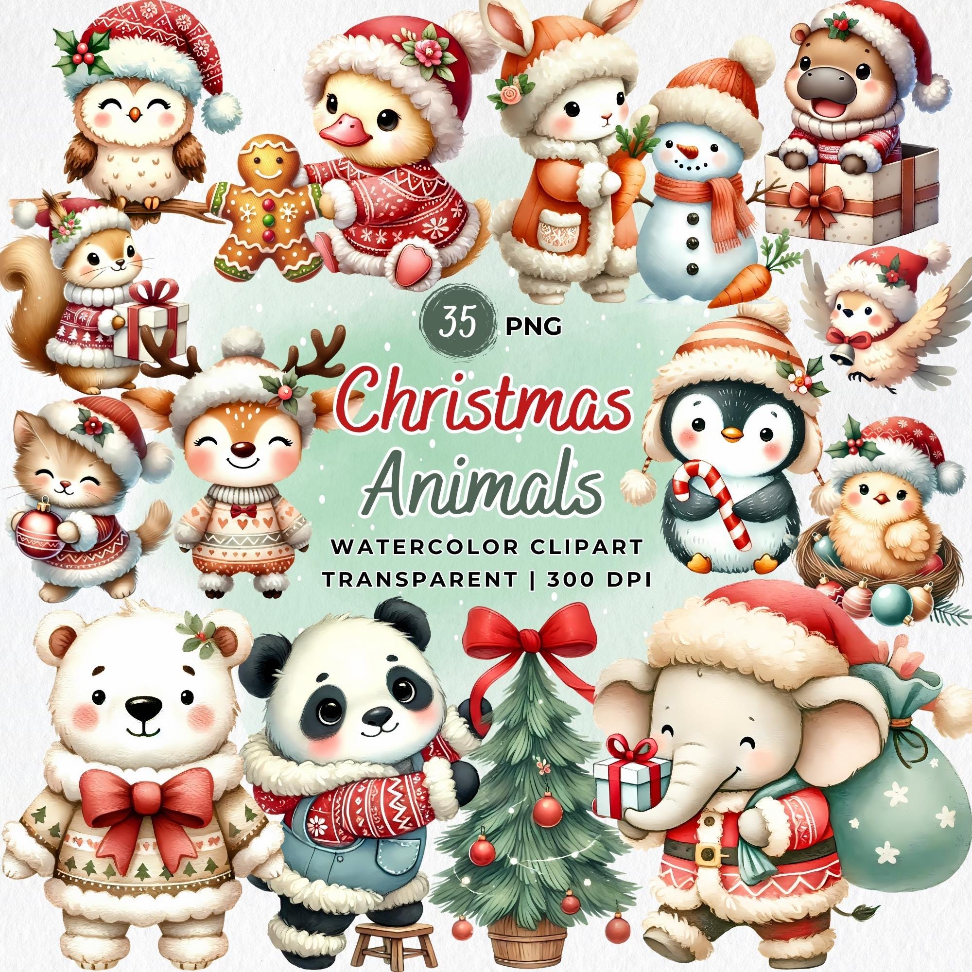 Christmas Animal Clipart, Watercolor Christmas PNG, Cute Woodland ...