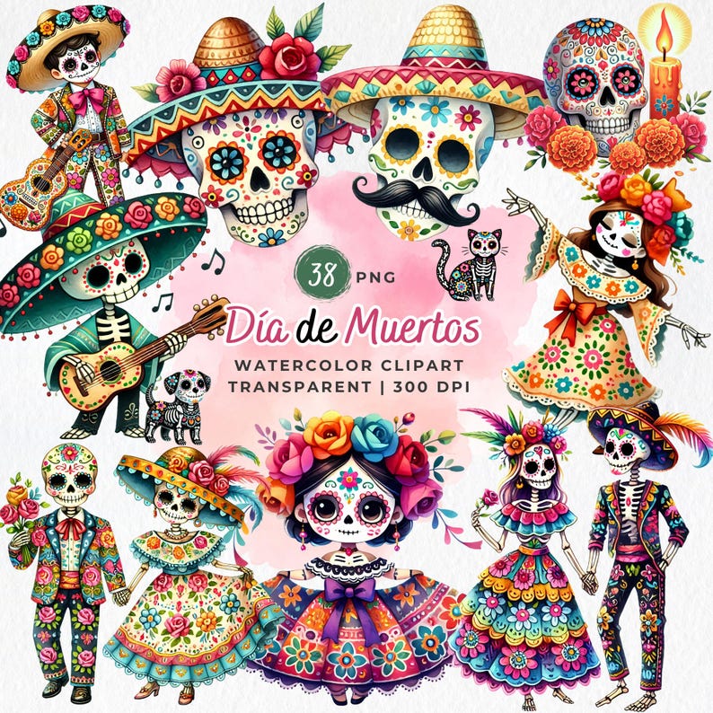 Dia De Muertos PNG, Watercolor Day of the Dead Clipart, Sugar Skull ...