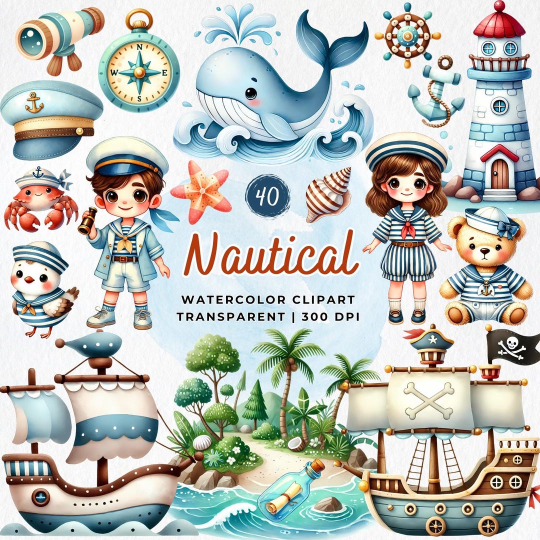 Cute Nautical Clipart, Nautical Nursery, Watercolor Sea Clipart, Ocean ...