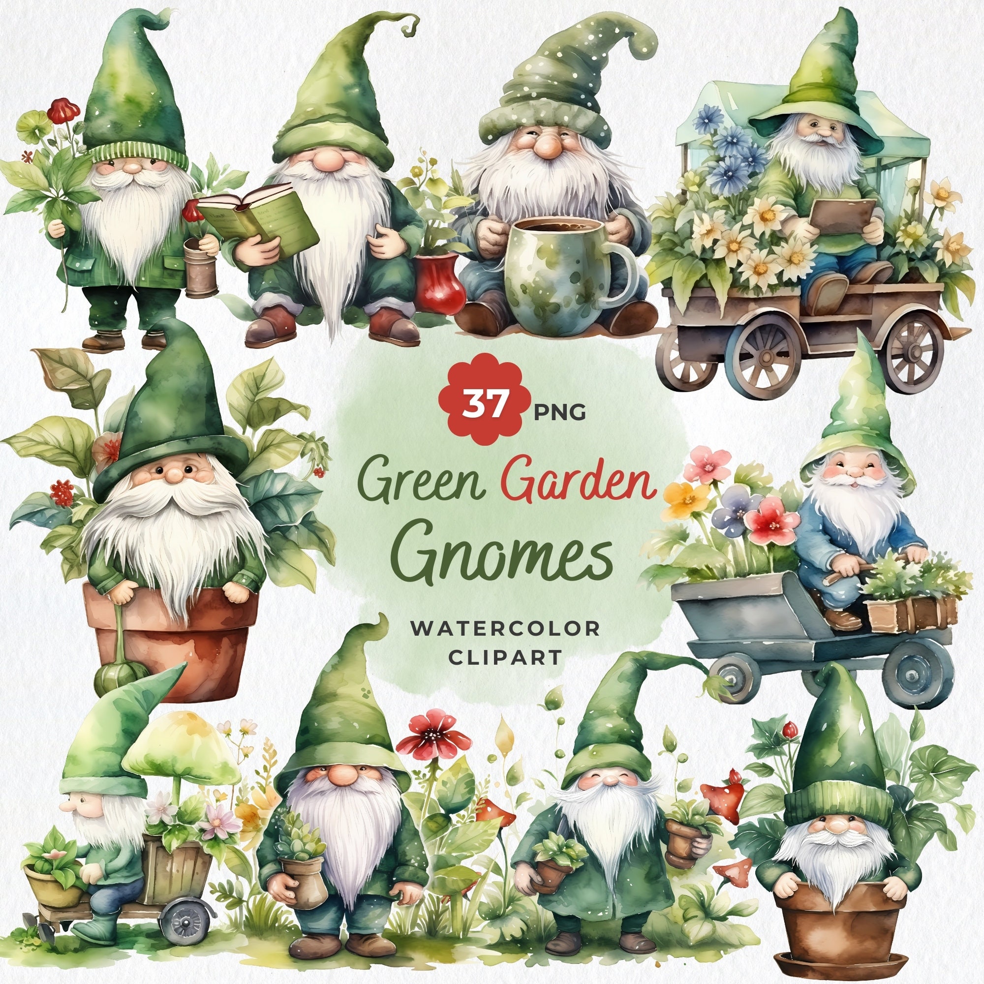 Garden Gnomes Clipart , Green Gnomes Watercolor , Spring Clipart ...