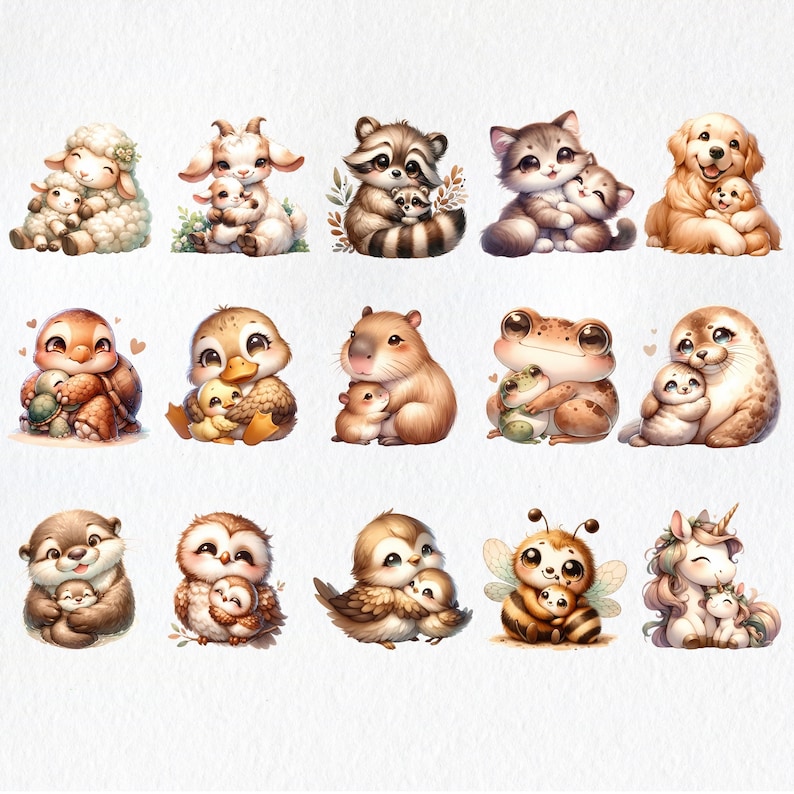 Mother and Baby Animals Clipart , Mother's Day , Watercolor Animals ...
