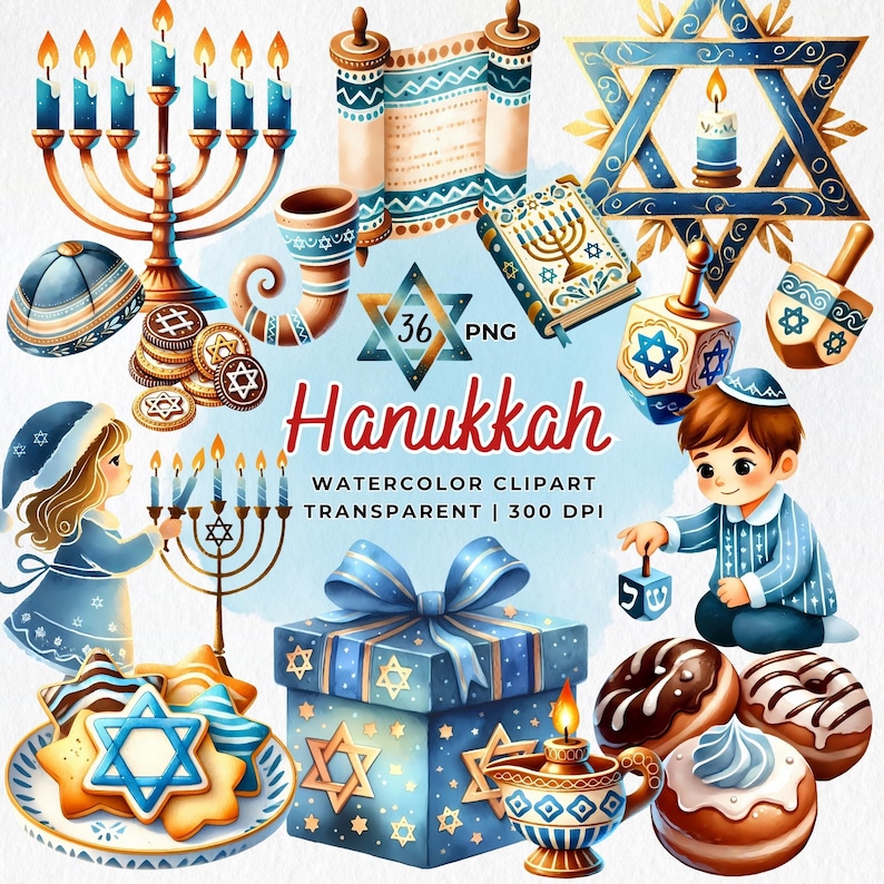 Hanukkah Clipart, Jewish Clipart PNG, Hanukkah Gifts, Menorah, Dreidels ...