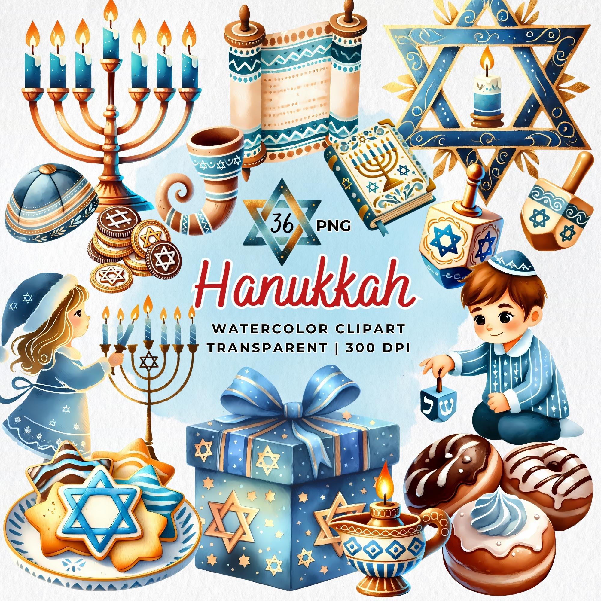 Hanukkah Clipart, Jewish Clipart PNG, Hanukkah Gifts, Menorah, Dreidels ...