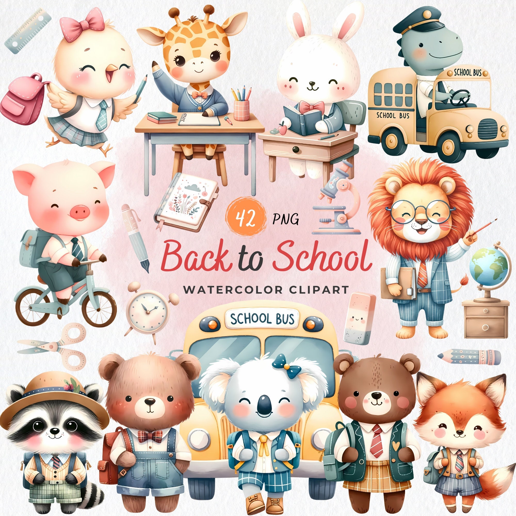 Back to School Clipart, First Day of School, Watercolor School Animals ...
