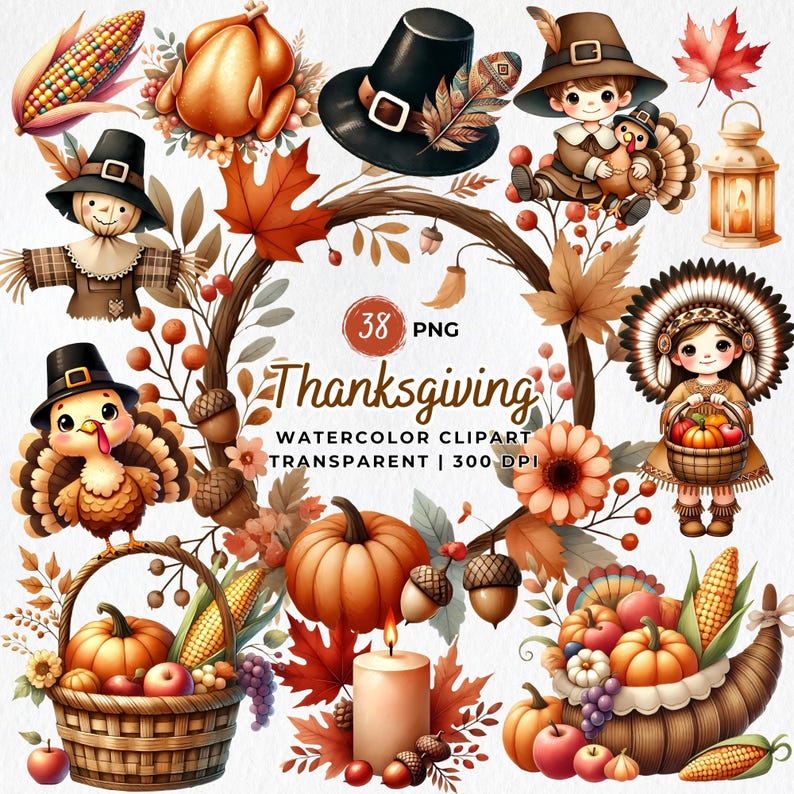 Thanksgiving PNG, Watercolor Clipart, Cozy Autumn, Pumpkins, Fall ...