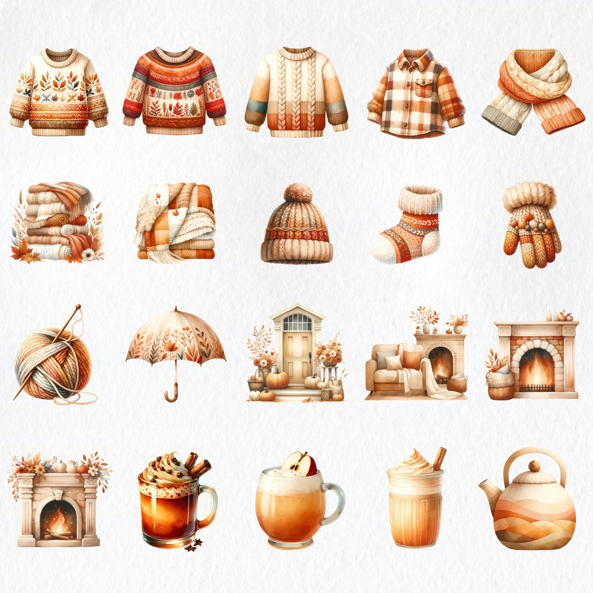 Cozy Autumn Watercolor Clipart, Fall PNG, Pumpkin, Autumn Leaves ...