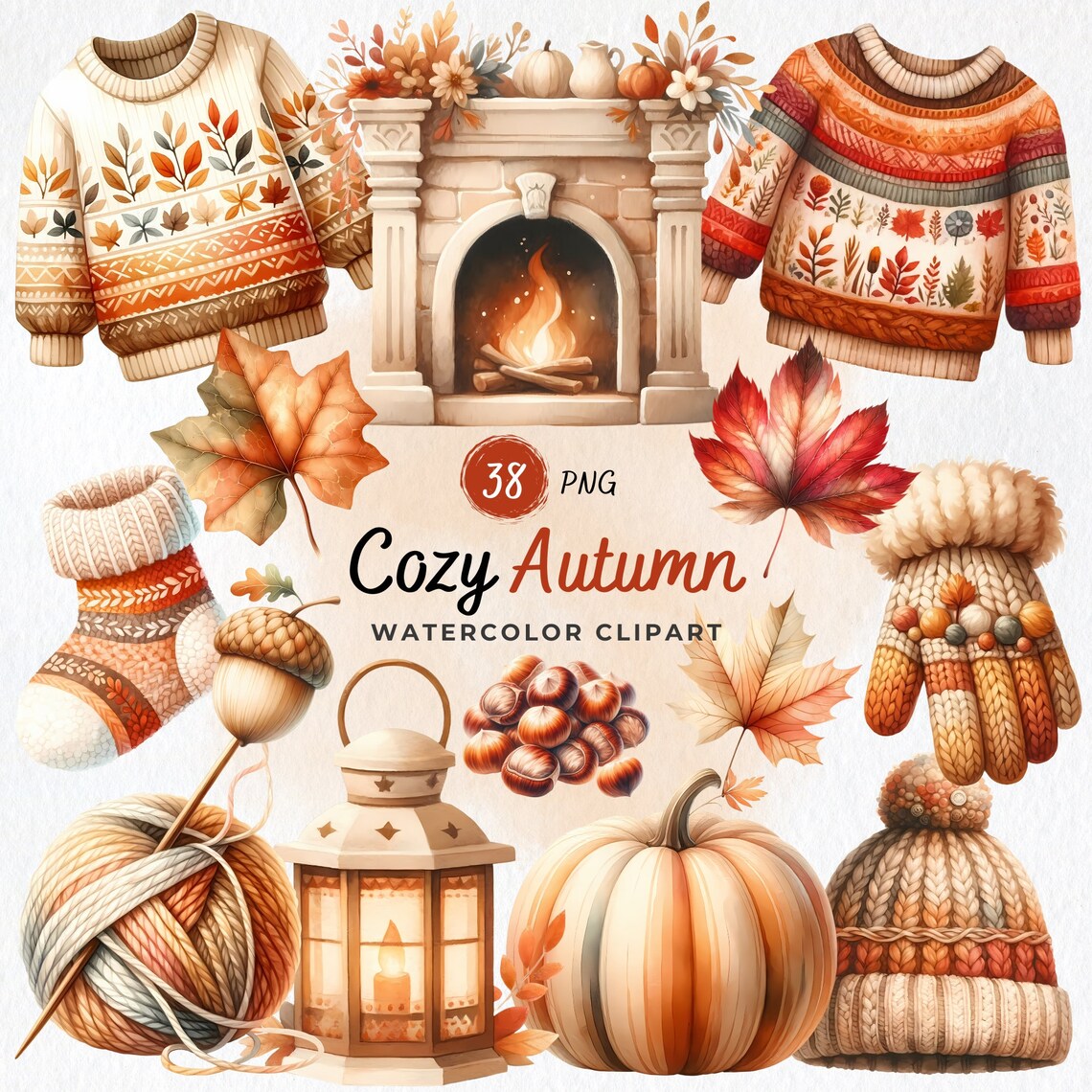 Cozy Autumn Watercolor Clipart, Fall PNG, Pumpkin, Autumn Leaves ...