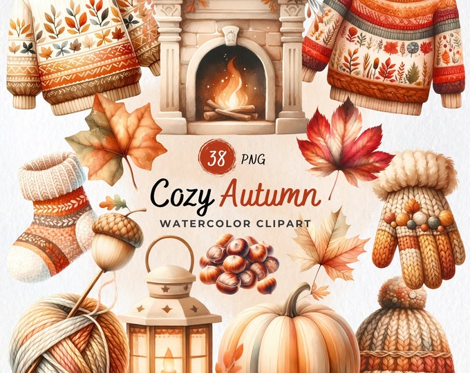 Cozy Autumn Watercolor Clipart, Fall PNG, Pumpkin, Autumn Leaves ...