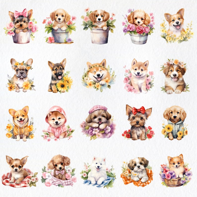 Watercolor Dog Clipart Bundle, Cute Puppies Clipart, Animal Art, Dog ...