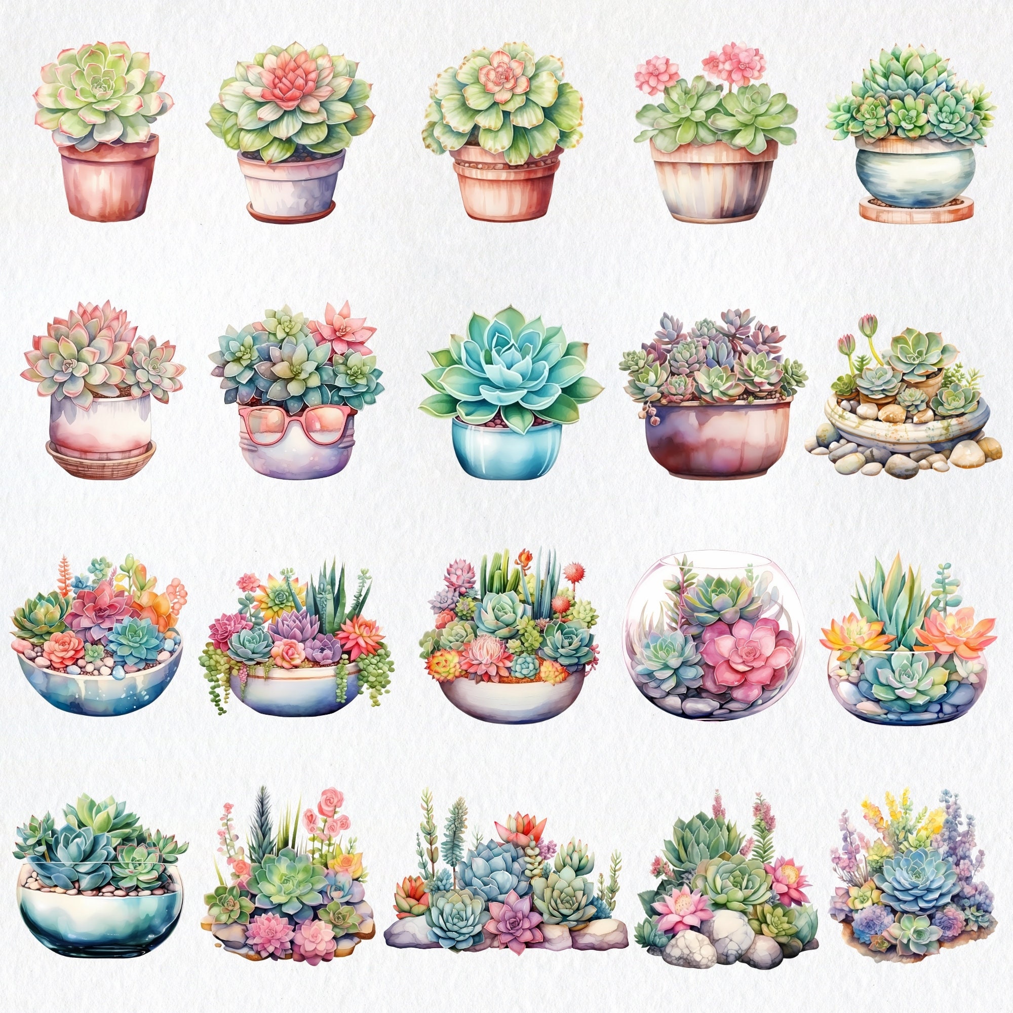 Watercolor Succulents Clipart: Potted Plants, High Resolution (digital ...