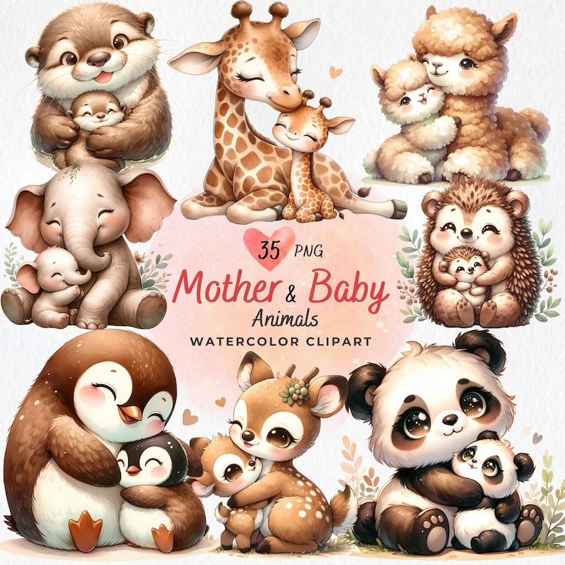 Mother and Baby Animals Clipart , Mother's Day , Watercolor Animals ...
