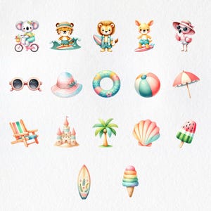 Summer Beach Animals Clipart, Cute Summer, Cute Watercolor Animals, Sea ...