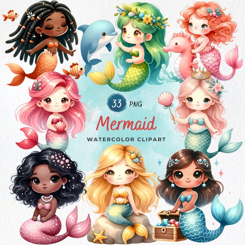 Mermaid Clipart, Cute Mermaid PNG, Underwater Clipart Watercolor, Under ...