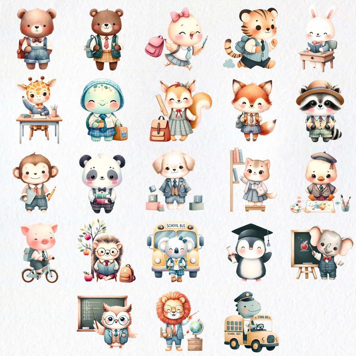 Back to School Clipart, First Day of School, Watercolor School Animals ...