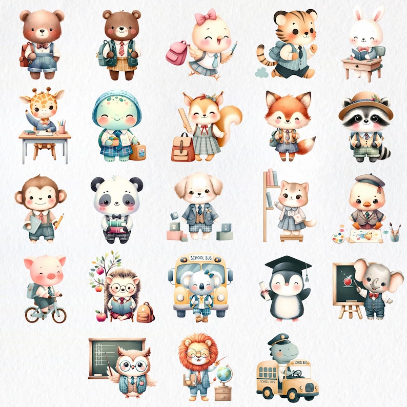 Back to School Clipart, First Day of School, Watercolor School Animals ...