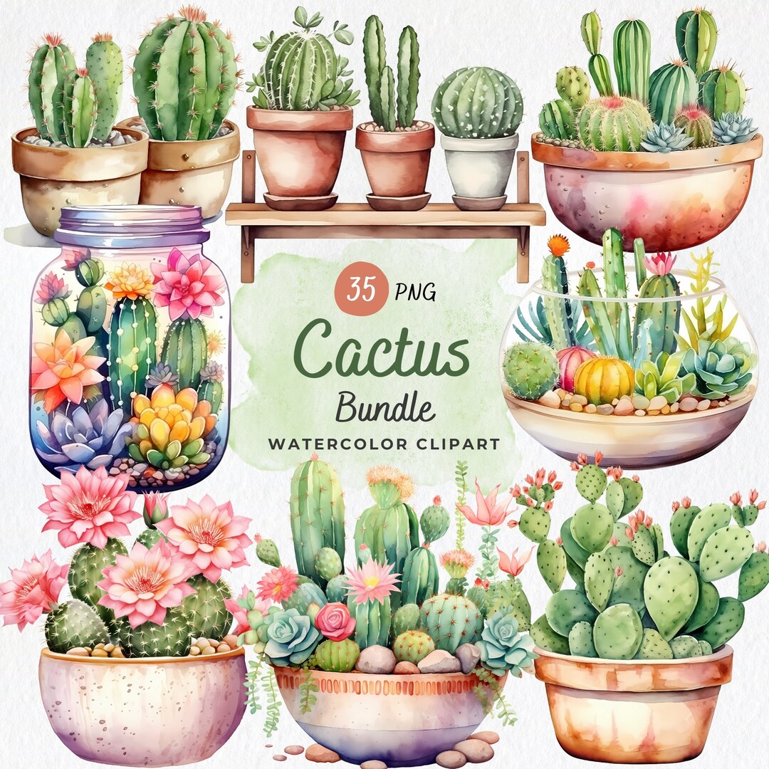 Cactus Print , Watercolor Cactus Bundle Clipart , Cacti PNG ...
