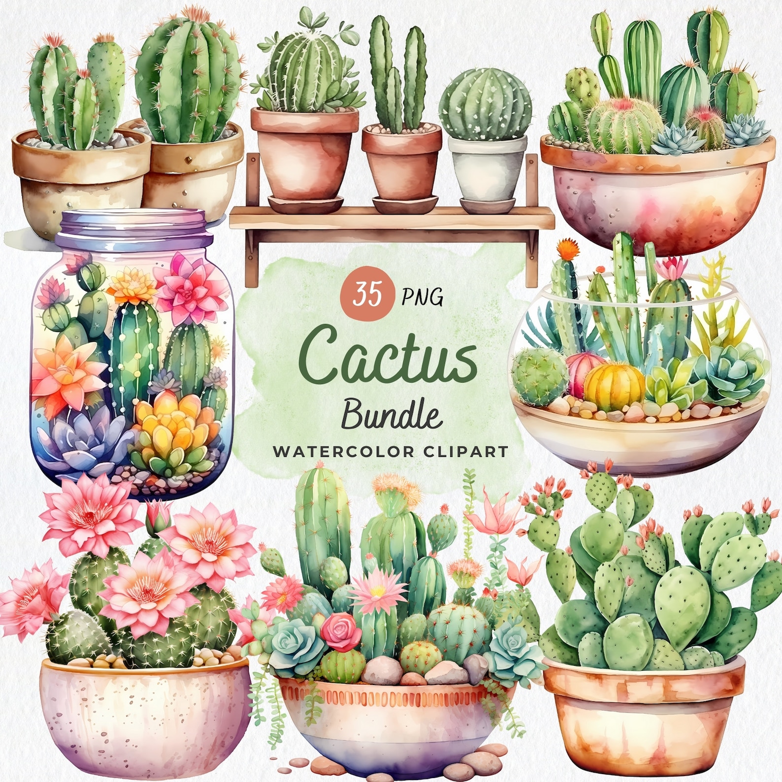 Cactus Print , Watercolor Cactus Bundle Clipart , Cacti PNG ...
