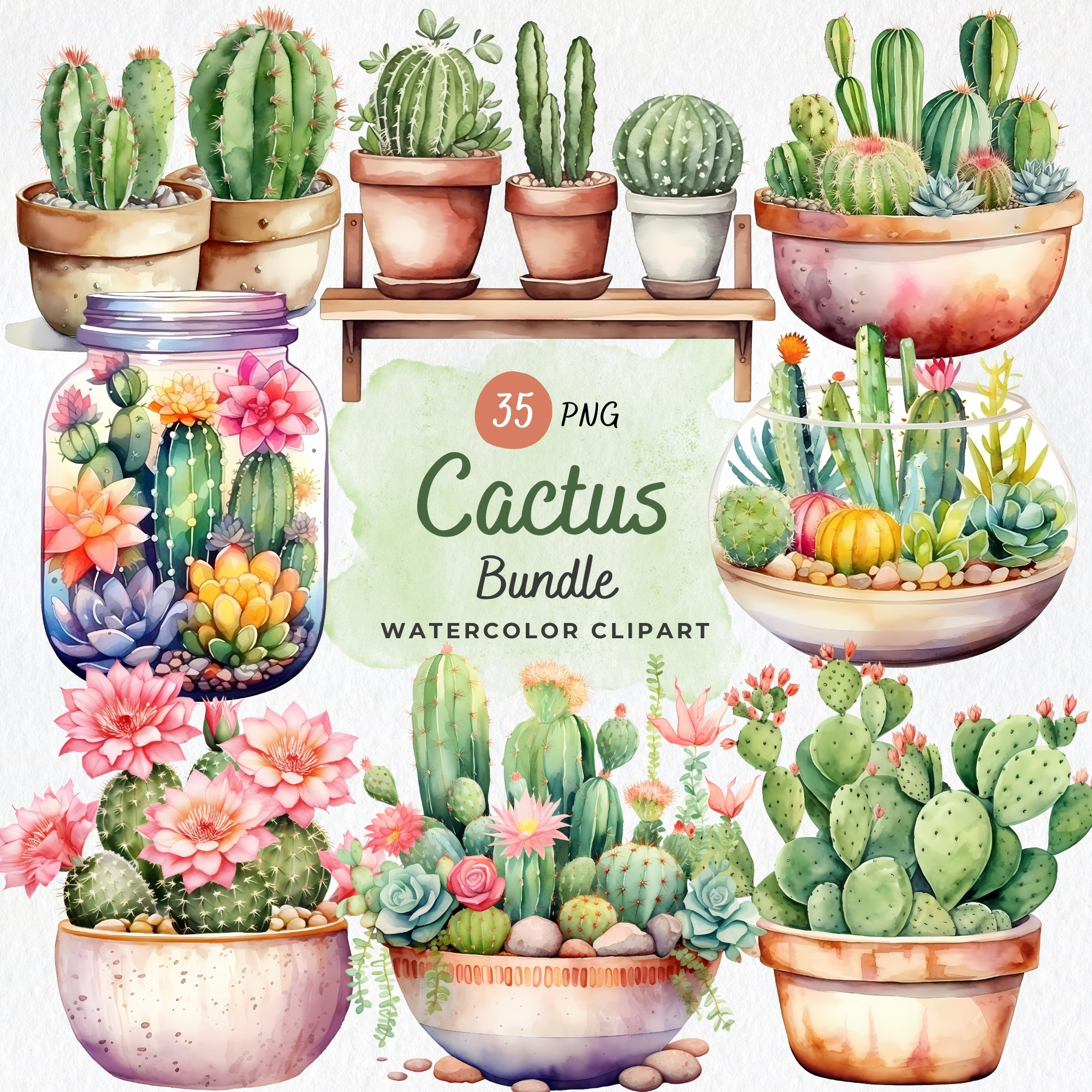 Cactus Print , Watercolor Cactus Bundle Clipart , Cacti PNG ...