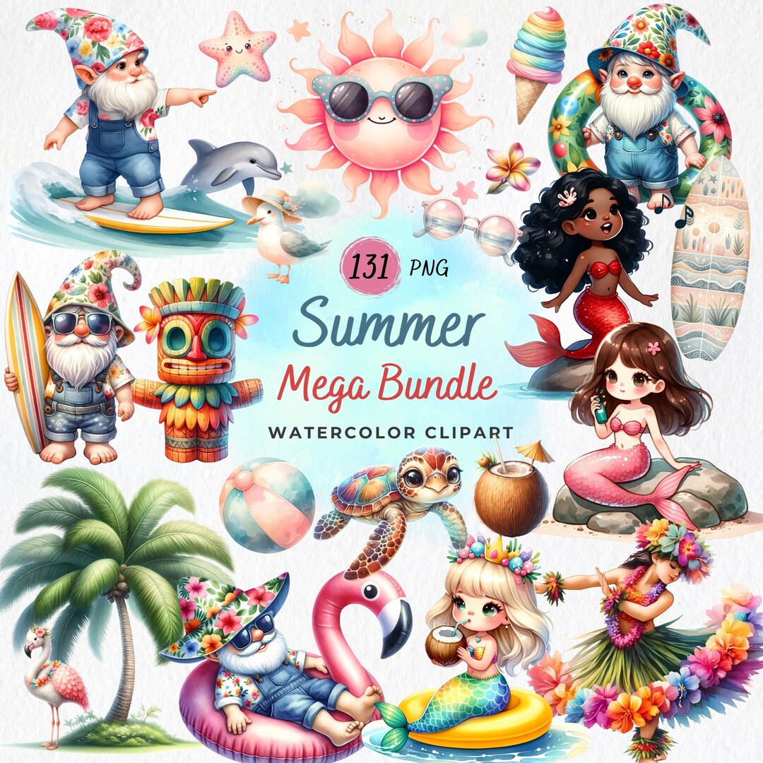 Summer Bundle PNG , Summer Clipart , Beach , Gnome , Mermaid , Hawaii ...