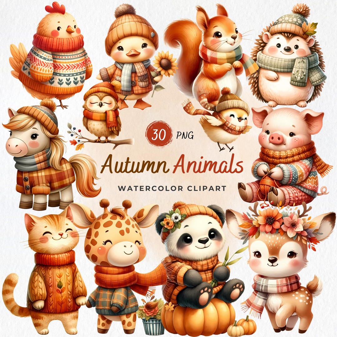 Autumn Animals, Watercolor Fall Animals Clipart, Autumn PNG, Cute ...
