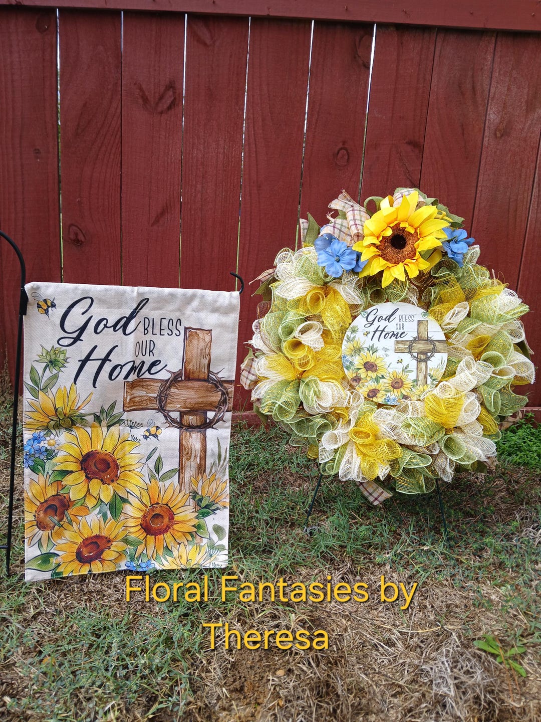Sunflower and Cross Door Wreath, God Blessing Wreath and Flag Combo ...