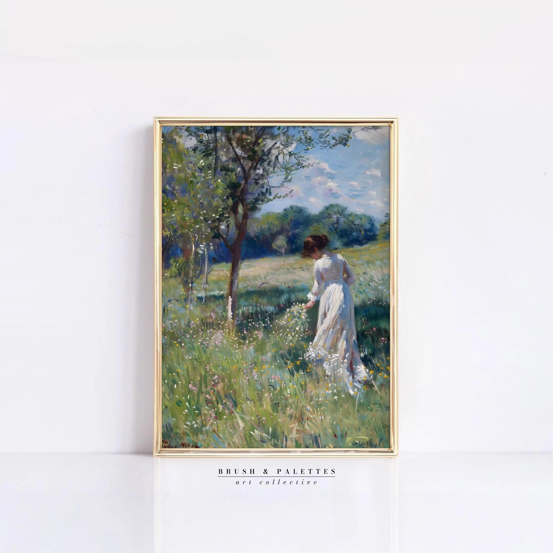 Vintage Garden Scene Digital Print Woman in White Dress Gathering ...