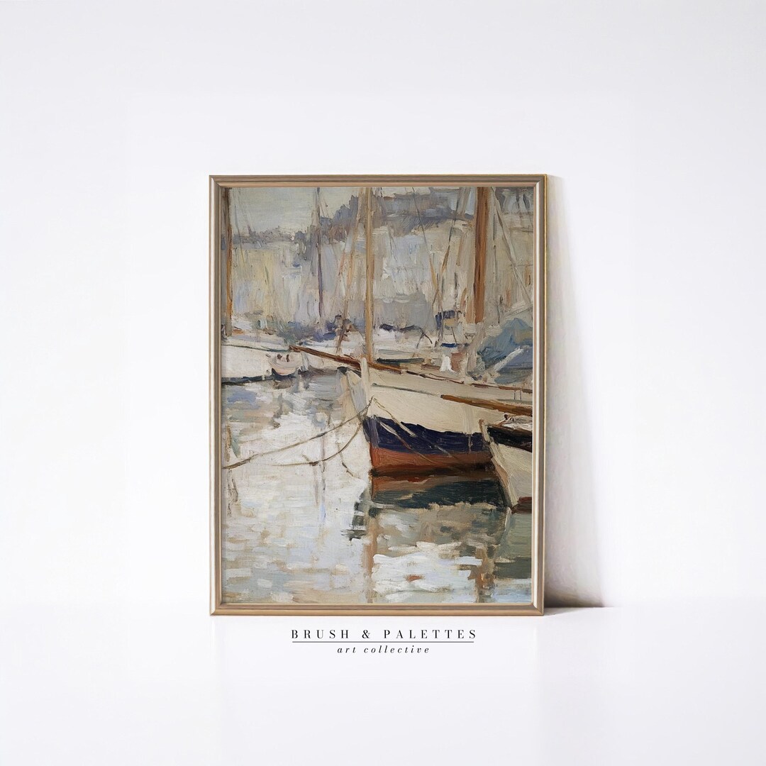 Harbor Boat Print: Impressionist Coastal Marina Painting (digital ...