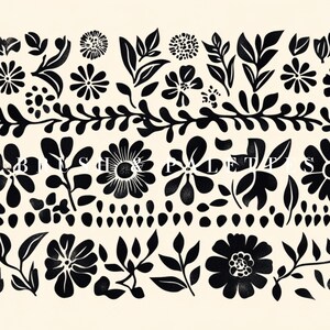 Black and White Folk Floral Border Digital Print | Scandinavian ...