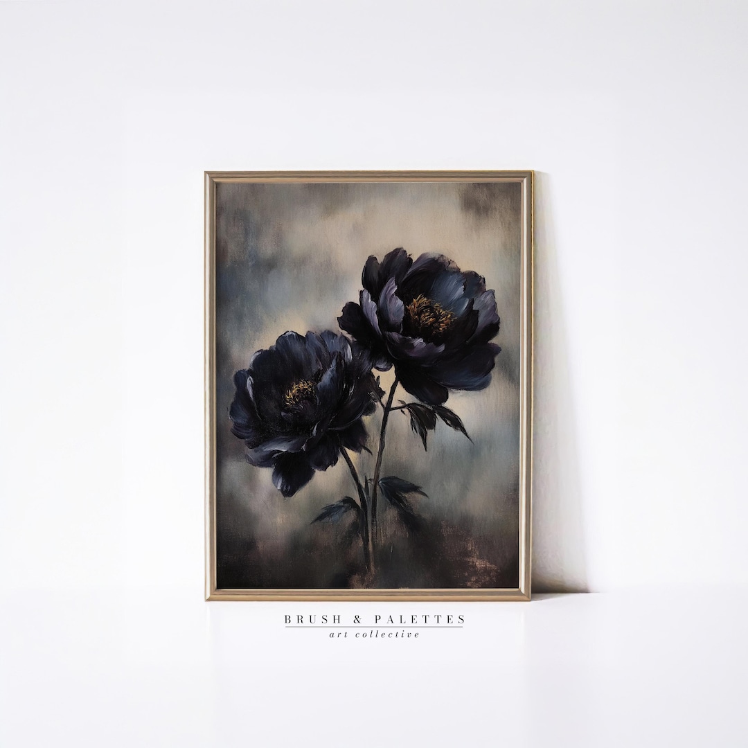 Black Peony Oil Painting | PRINTABLE Moody Floral Still Life Art ...