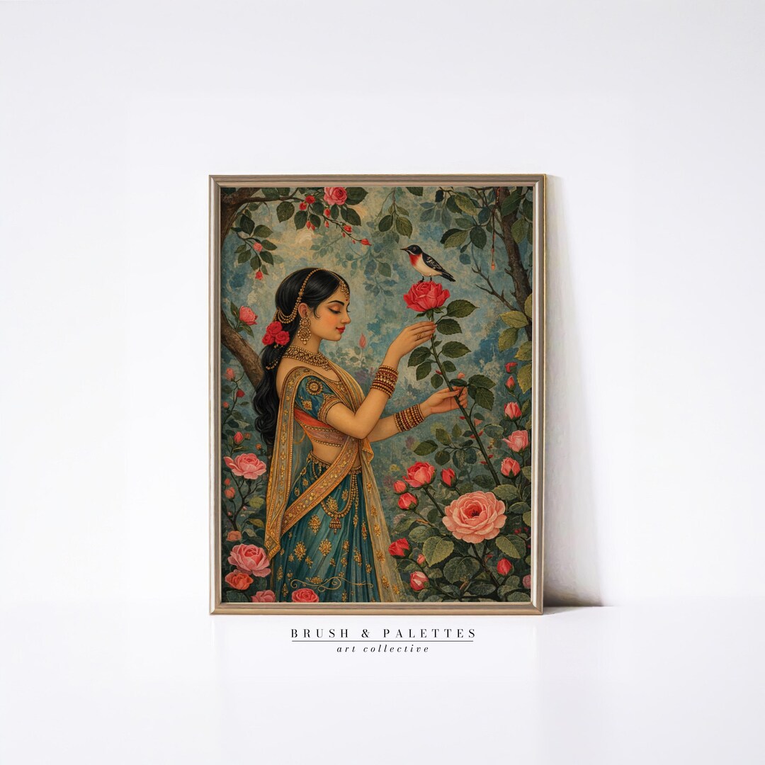 Indian Woman Print: Lady in Rose Garden Traditional Portrait (digital ...
