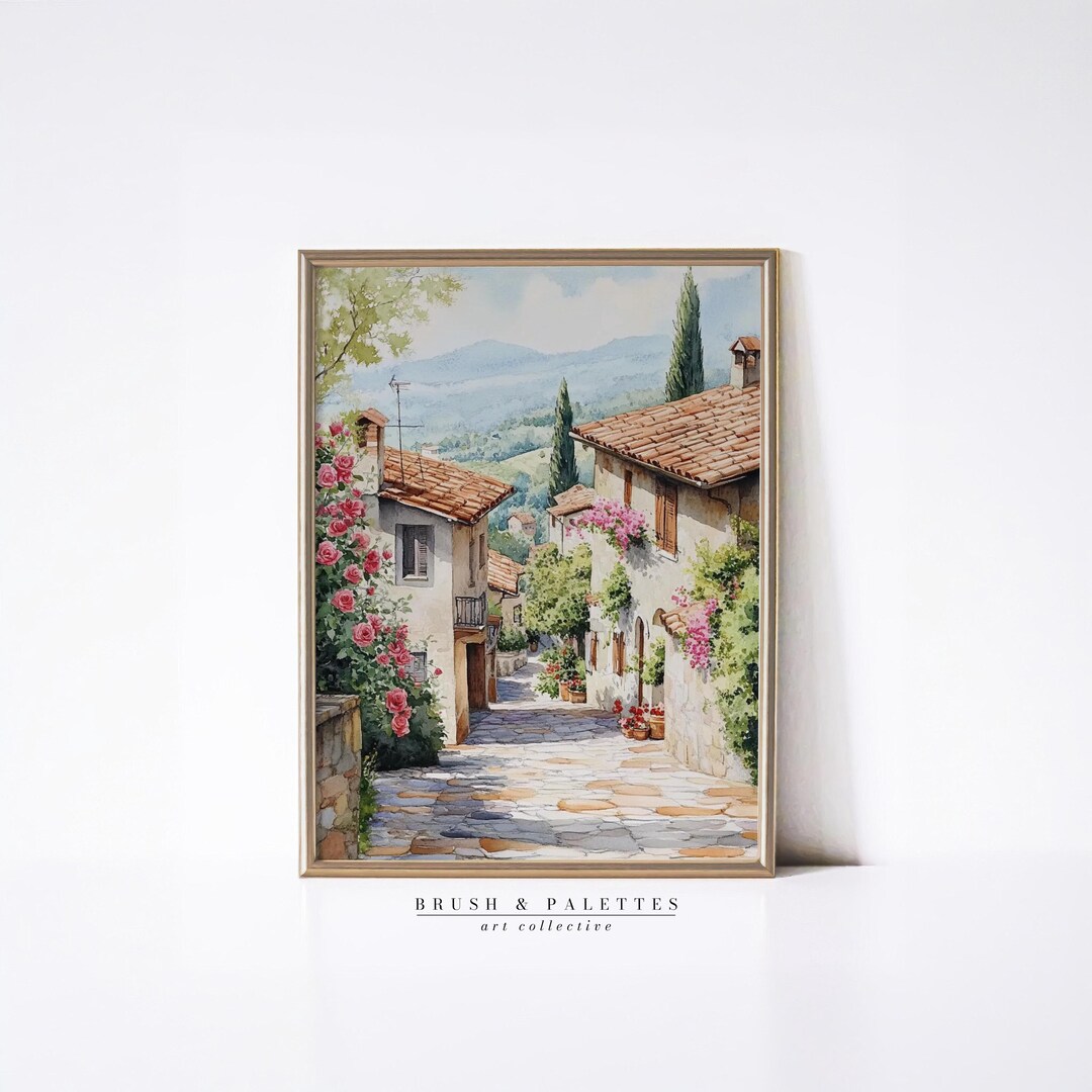 Tuscan Village Street With Roses | PRINTABLE Mediterranean Landscape ...