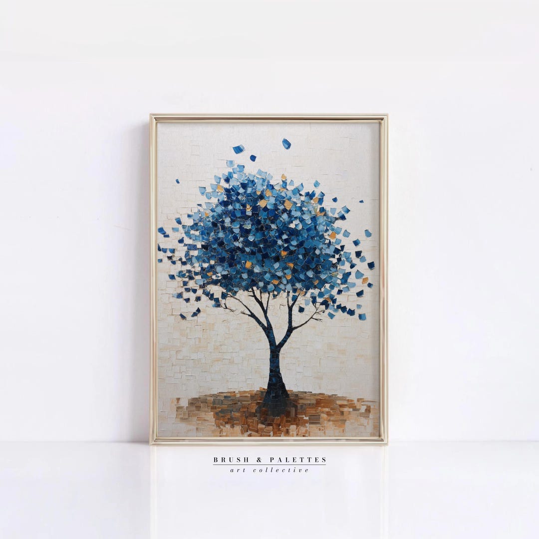 Abstract Blue Tree Painting Printable Textured Wall Art Modern Mosaic ...