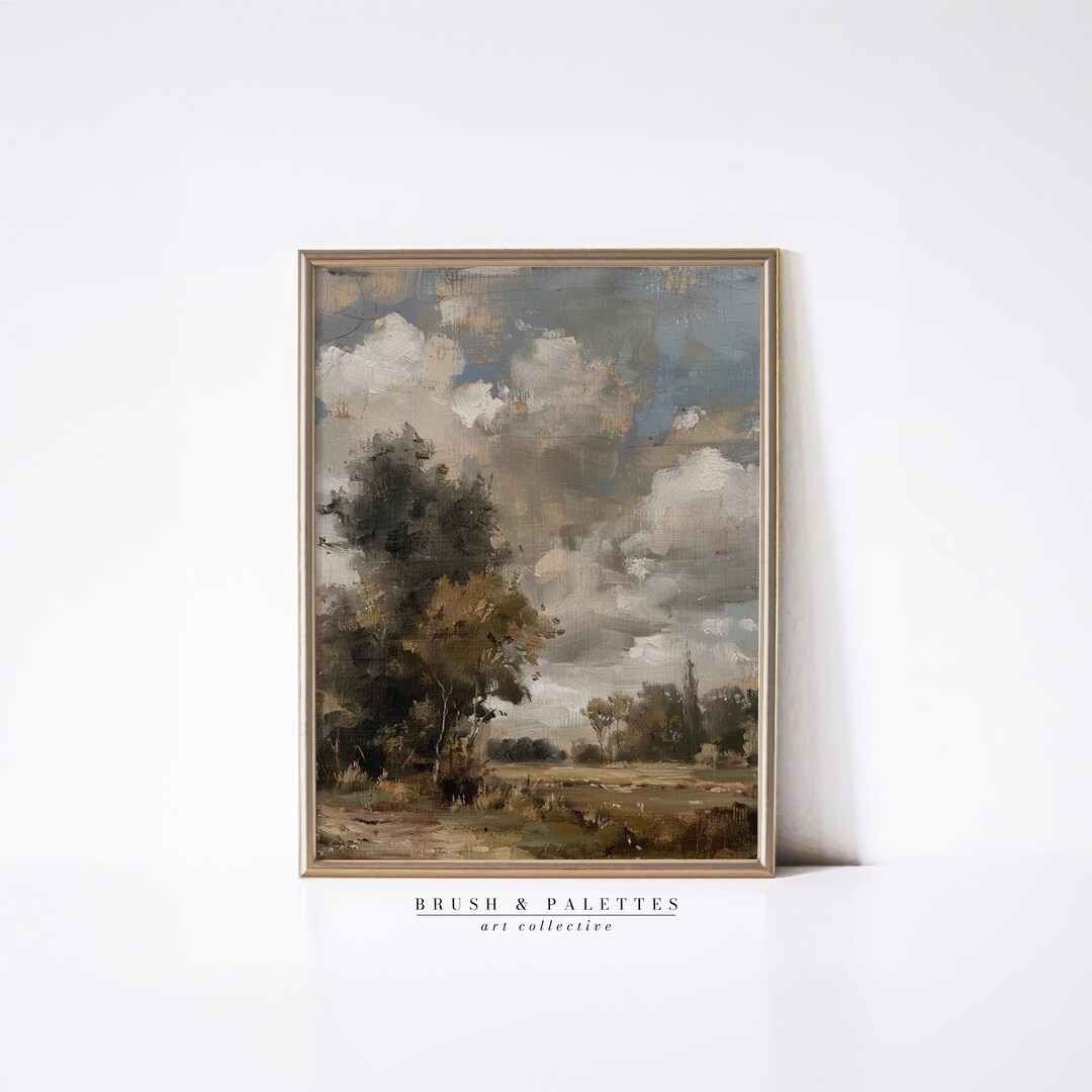 Vintage Cloudy Sky Landscape: Rystic Countryside Tree Painting Art ...