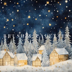 Winter Night Village Print | Printable Snowy Forest Scene | Christmas ...
