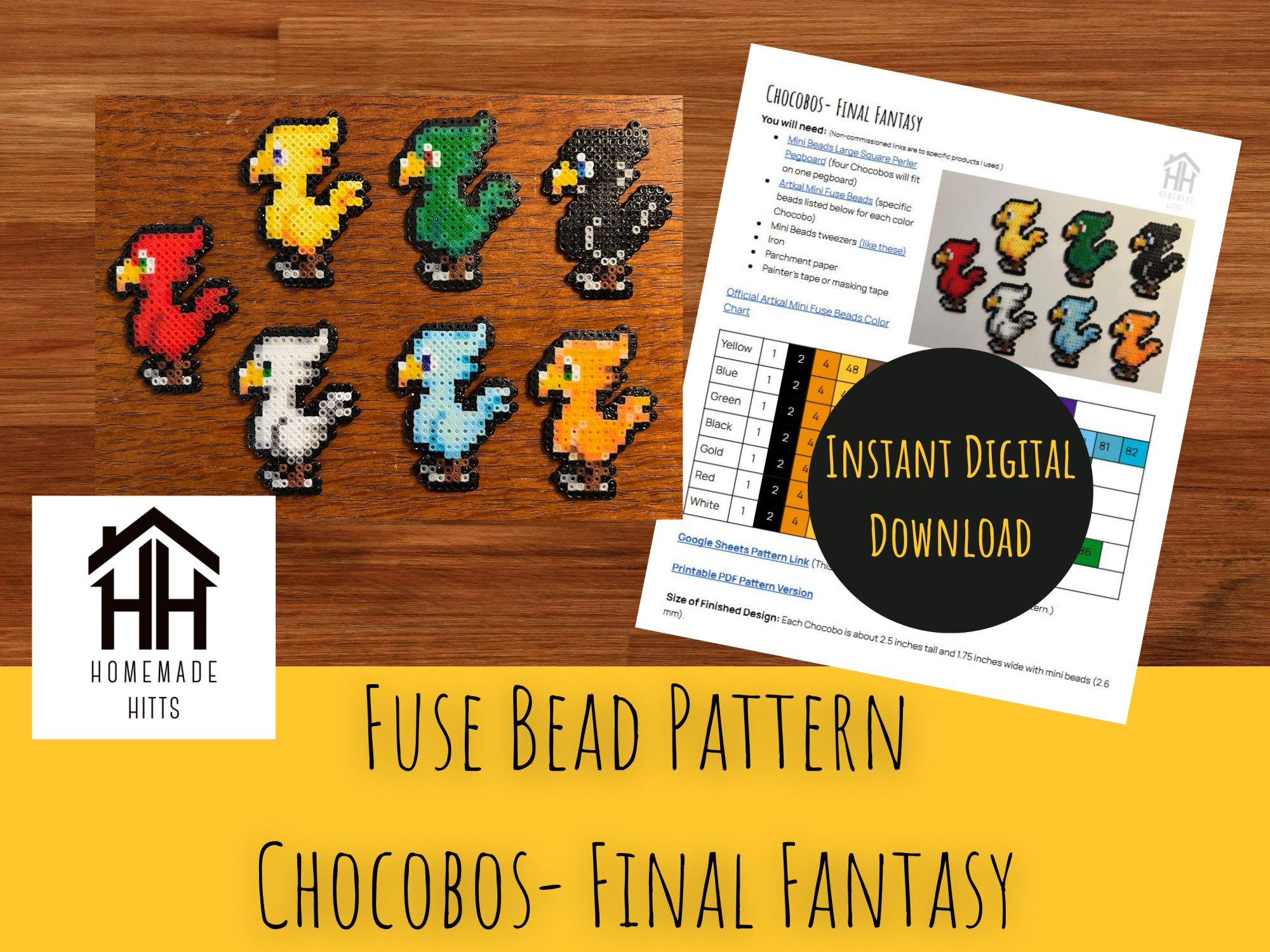 Chocobos- Final Fantasy- DIGITAL Fuse Bead Pattern - Perler Beads ...