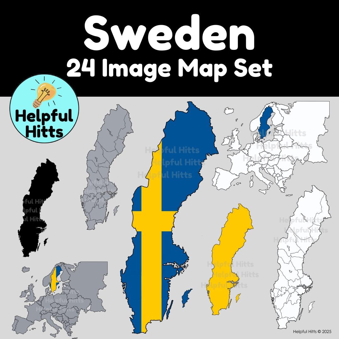 Sweden Map Set- Clipart for Teachers, Geography, European Countries ...