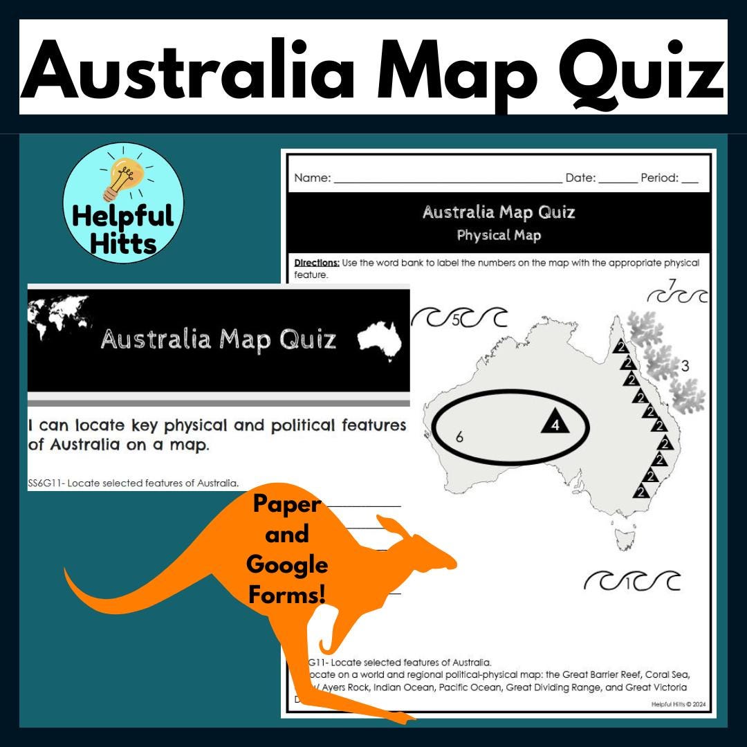 Australia Map Quiz- Paper, Google Form, and Modified Version SS6G11 - Etsy