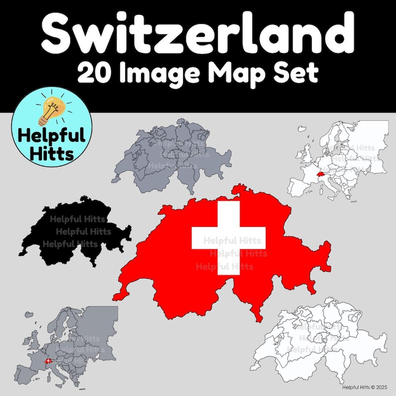 Switzerland Map Set- Clip Art for Teachers, Geography, European ...