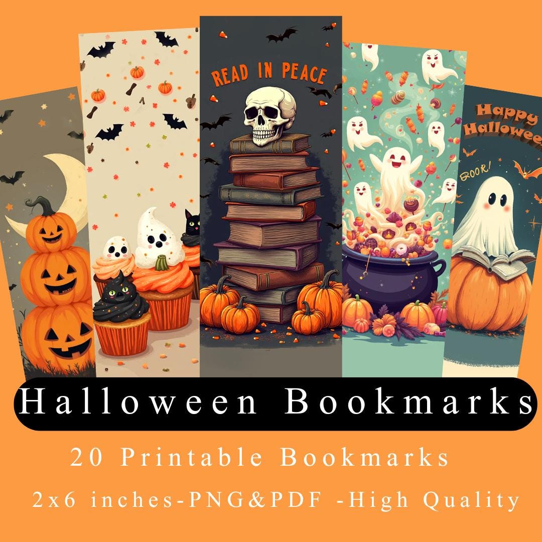 20 Halloween Printable Bookmarks , Spooky Bookish PNG & PDF Set, Gift ...