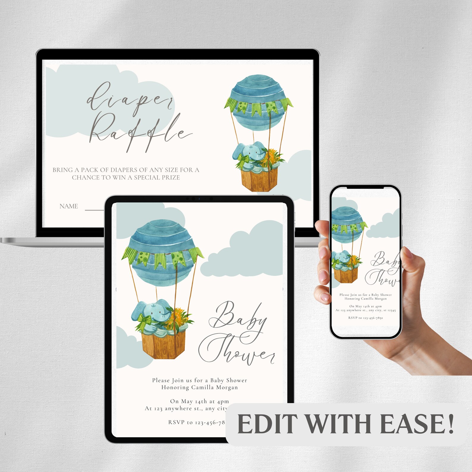 Editable Hot Air Balloon Theme Baby Shower Invitation Bundle, Hot Air ...