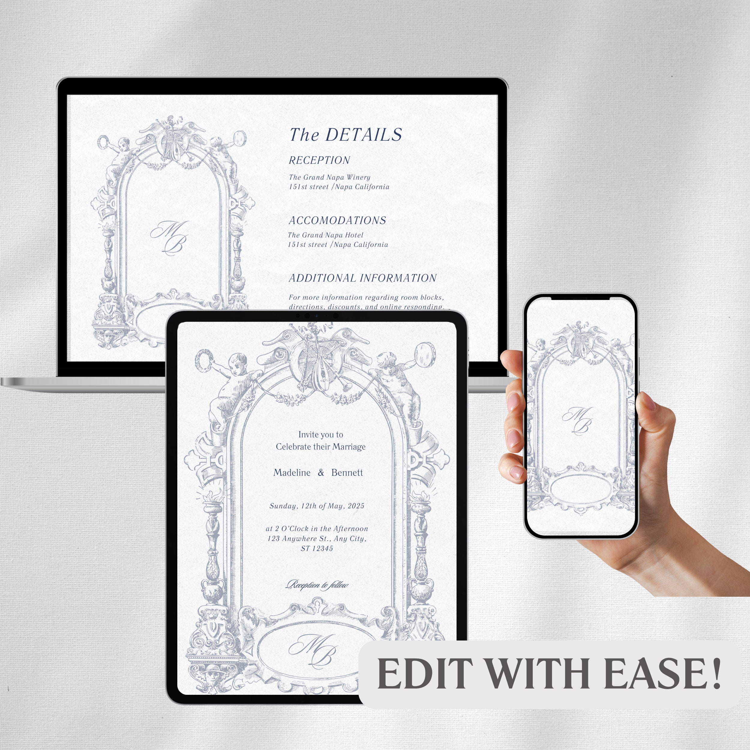 Classic Monogram Wedding Invitation Template Set, Blue Wedding ...