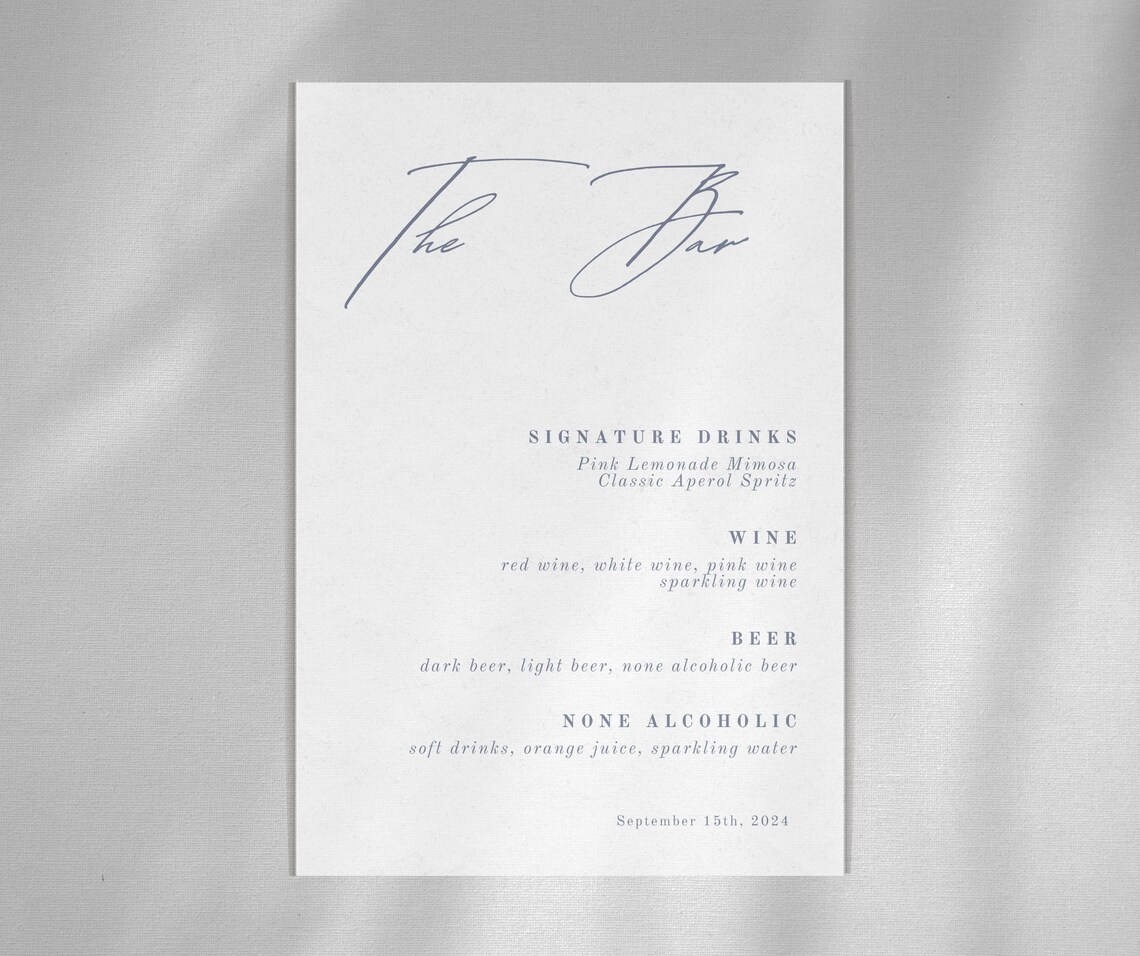 Dusty Blue Wedding Menu Template Set, Elegant Drink Menu Template ...