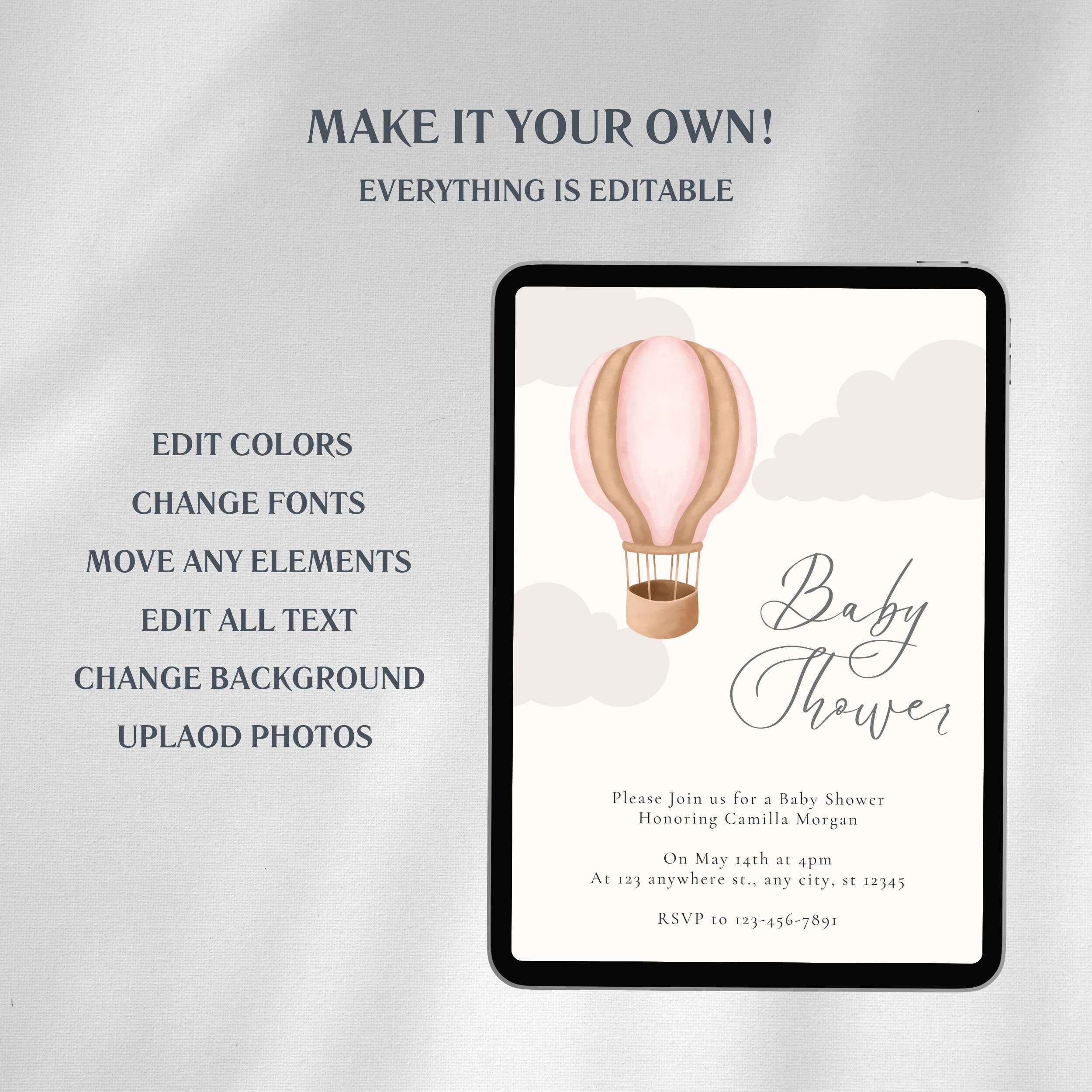 Editable Hot Air Balloon Theme Baby Shower Invitation Bundle, Hot Air ...