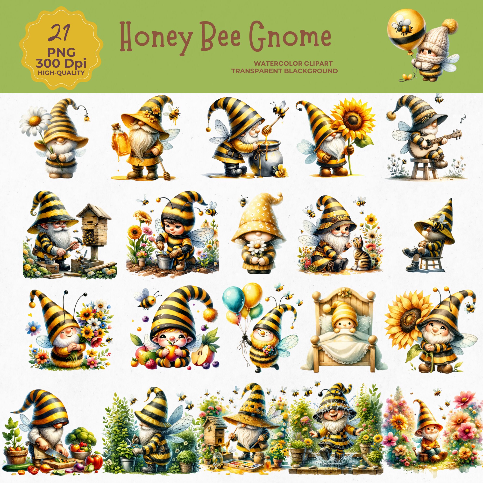 Honey Bee Gnome Clipart, Bee Gnome Clipart, Gnome Clipart, Spring Gnome ...